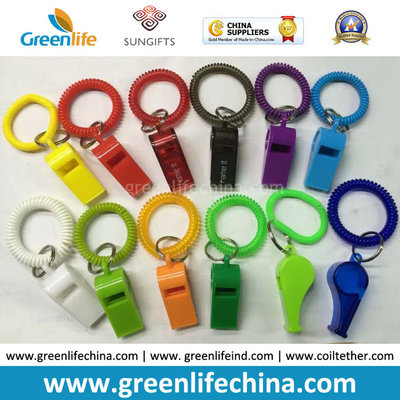 China Customized Color Promotional Wrist Coil W/Plastic Whistle and Key Ring Gift supplier
