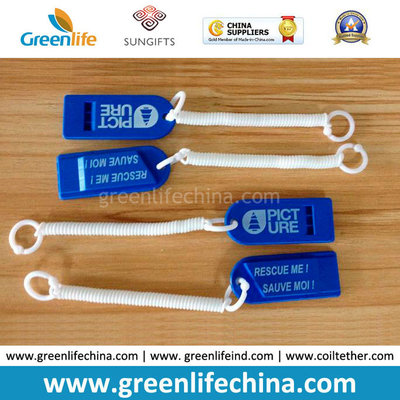China Custom OEM Blue Flat Plastic Whistle W/Logo&amp;Key Coil Chain supplier