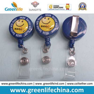 China Simle Face Logo Promotional Retractable Round Plastic Reel Holder supplier