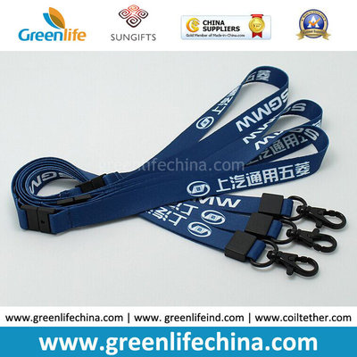 China Custom Logo Blue Lanyards with Custom Black Plating Metal Crimp and Snap Hook supplier
