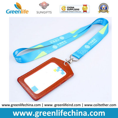 China Custom Printed Silkscreen Printing Logo Working Lanyard Holder w/Leather Card Holder Combo supplier
