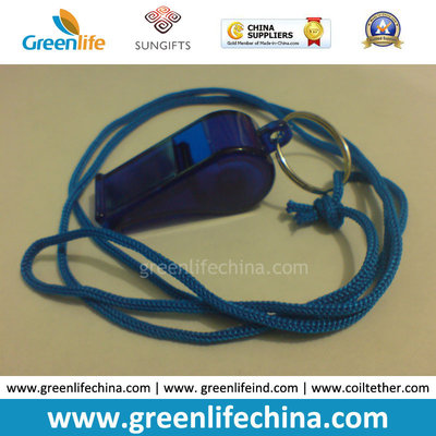 China OEM Wholesale Custom Translucent Dark Blue Plastic Sport Whistle with Key Ring&amp;Round Cord supplier