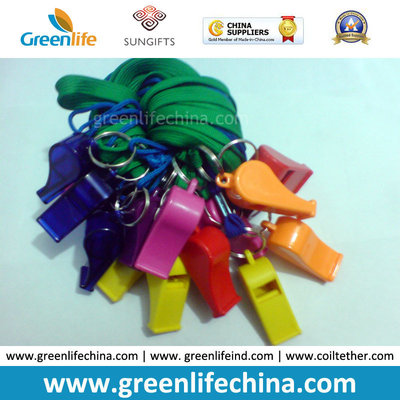 China High Quality Eco-friendly Plastic PS Colorful Whistles 5.6x1.8cm with Green Lanyard 45cm Length supplier