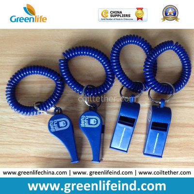 China Popular Sales Blue Plastic Wristband Coiled Holder w/Blue Custom Logo Imprinted Whistle supplier
