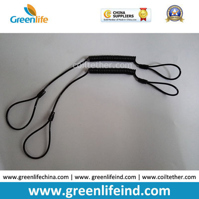 China Black Color Strong Strength Plastic Steel Wire Spring Tool Tether w/Big Cord Loop Ends supplier